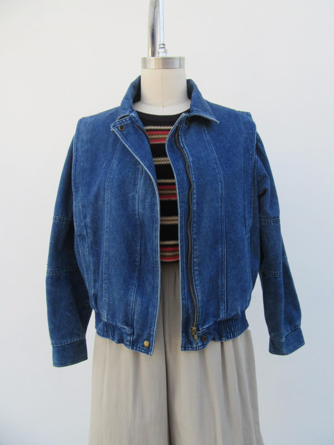 80s 90s Boxy Fit Banded Bottom Denim Jacket | Puff Pleated Sleeve Denim ...