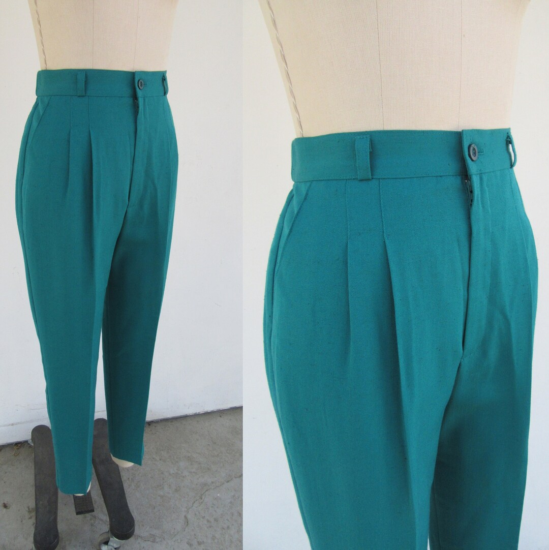 PETITE NOS 90s Pleated Teal Linen Look High Rise Pleated Trousers ...