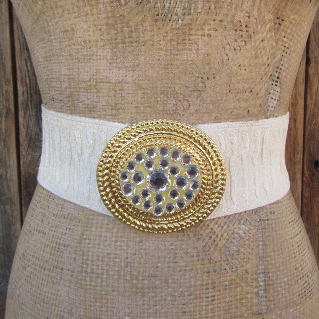 1980s Cream Crinkled Stretch Belt | 80s Bejeweled Rhinestone Buckle ...