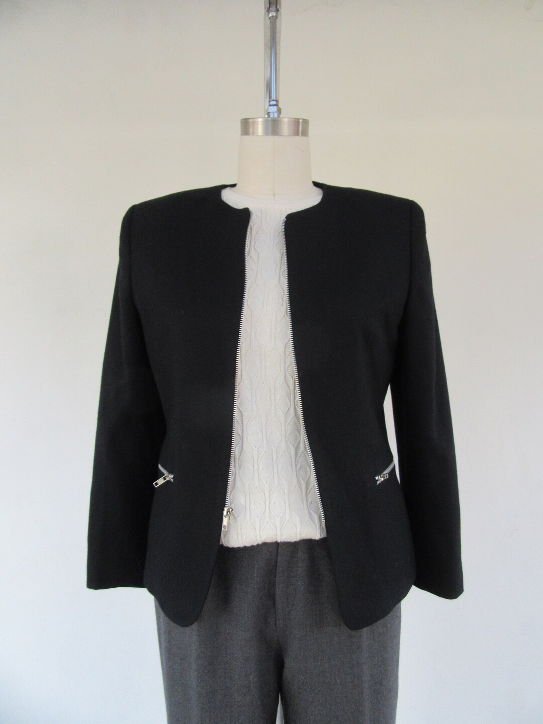90s Collarless Wool Black Zip Front Blazer | Zip Front Black Wool ...