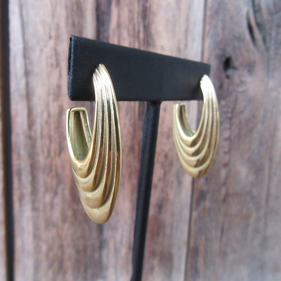 90s Gold Tone Chunky Hoops | Fluted Art Deco Flair Ribbed Hoops | Swirl ...