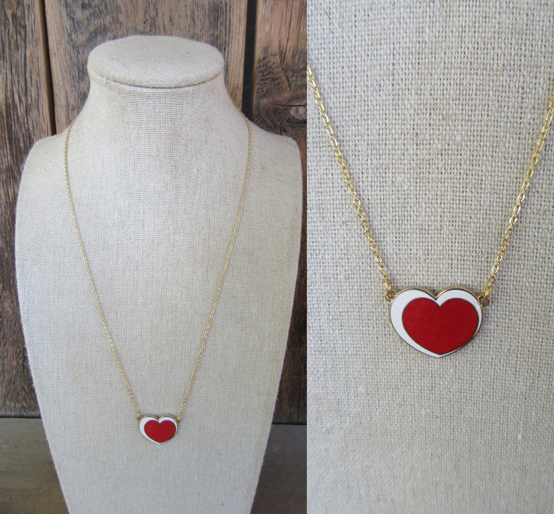 80s Fat Puffy Heart Enamel Necklace | White and Red Enamel Gold Tone ...