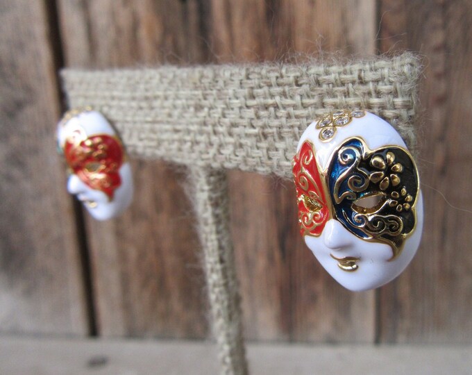 80s Gold Metal Drama Face Earrings | Mime Mask Earrings | Kabuki Mask ...