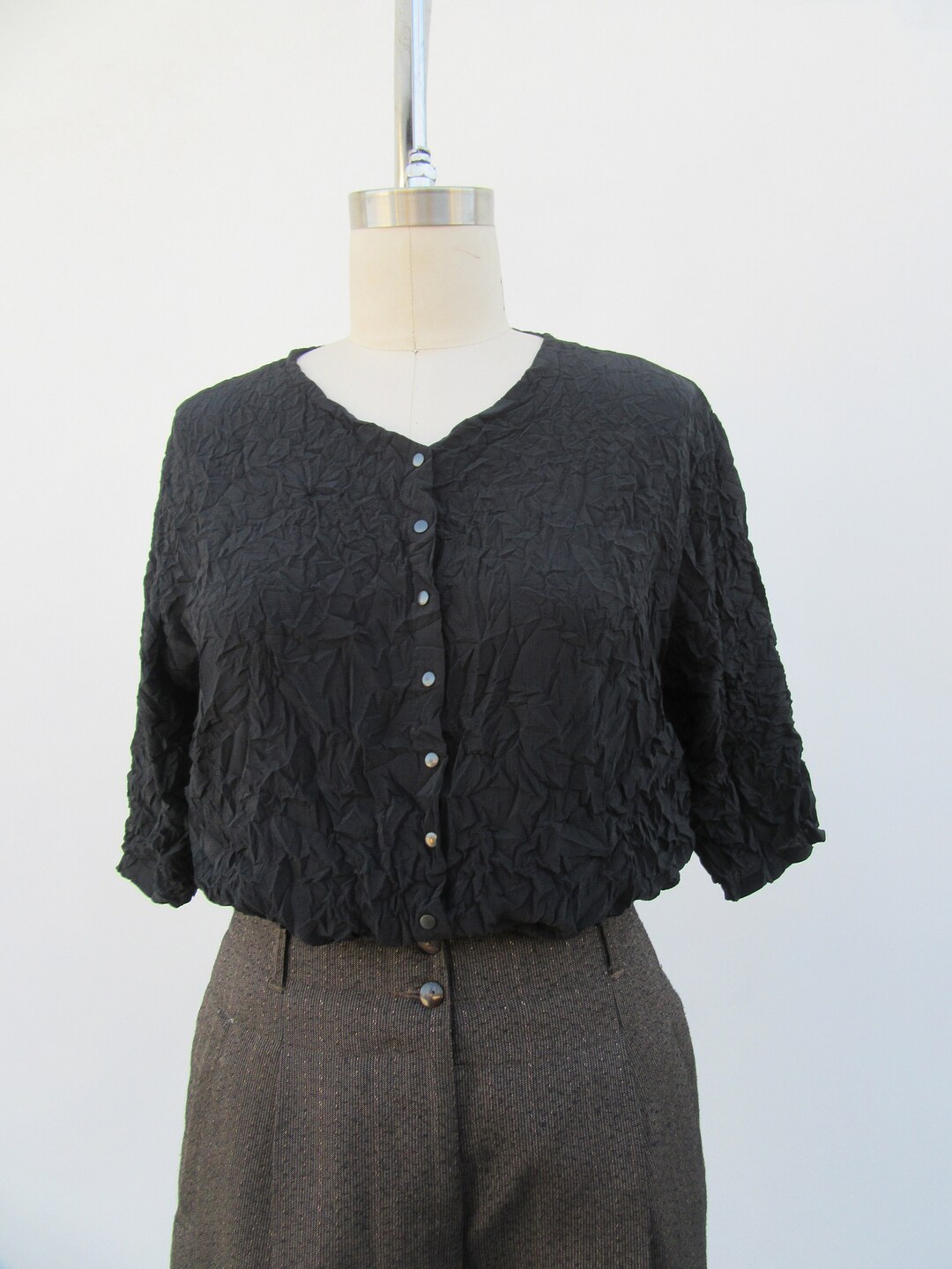 90s BABETTE of San Francisco Crinkled Snap Front 3/4 Sleeve Blouse ...