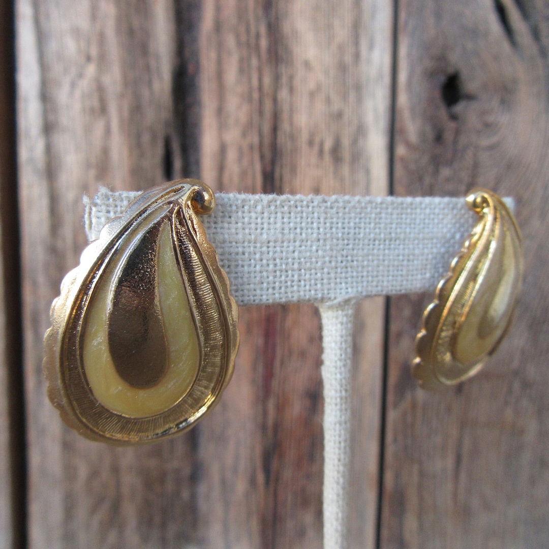 90s Earrings | Gold Tone Paisley Statement Earrings | Enamel Swirl ...