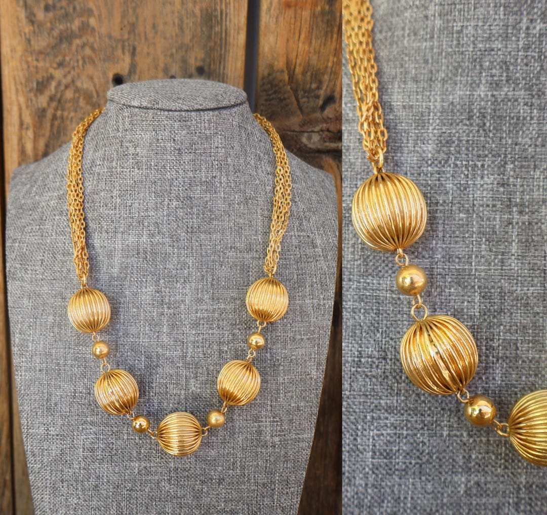 70s Gold Tone Ball Chain Statement Necklace | Mid Century MCM Modernist ...