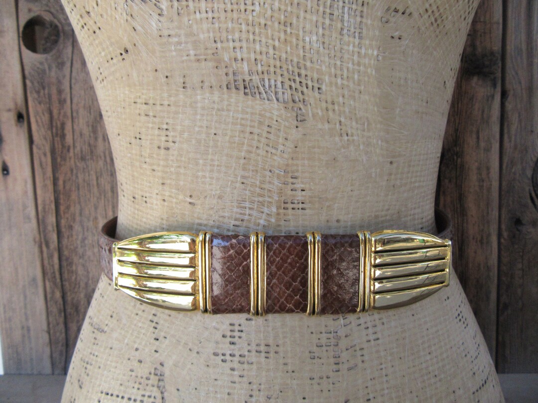 80s Brown Snakeskin Waist Belt | Snake Snakeskin Shield Belt | Snake Statement Belt | 27 to 31 ...