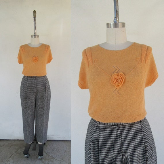 80s Crochet Open Knit Short Sleeve Sweater | Orange S… - Gem