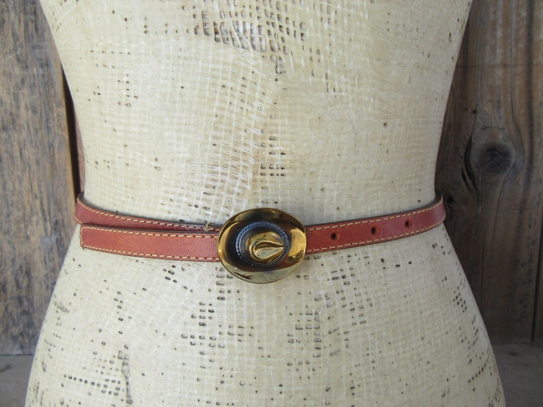 70s 80s Skinny Cognac Saddle Leather Belt | Brass Cowboy Hat Buckle ...