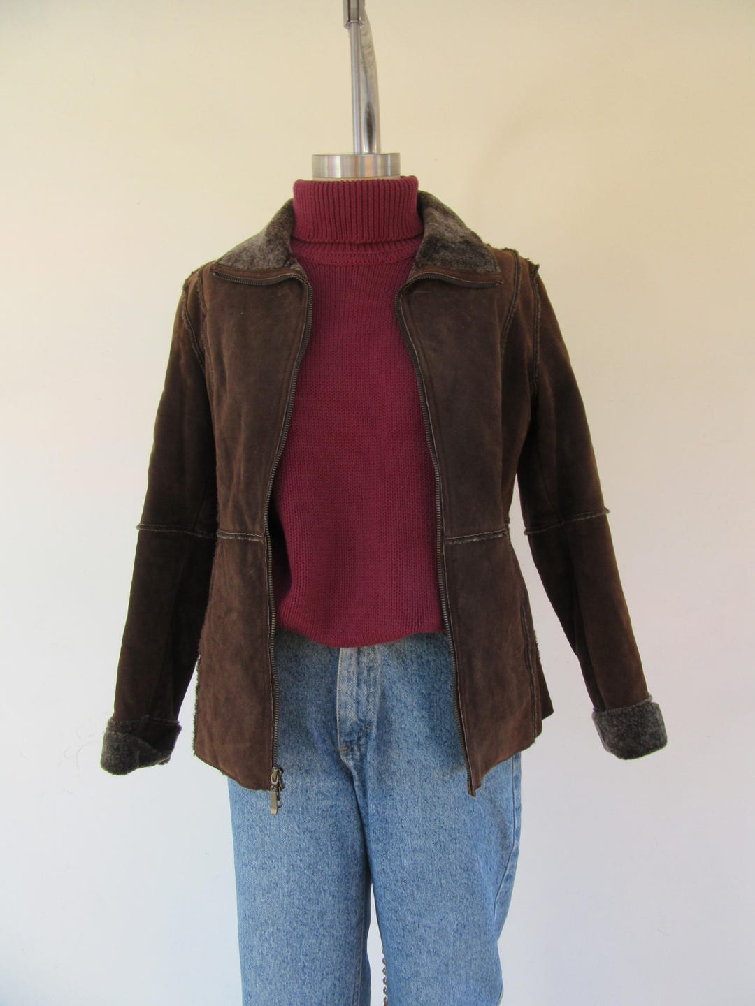 90s Brown Suede Leather Shearling Cuff Jacket | Fleece Lined Espresso ...