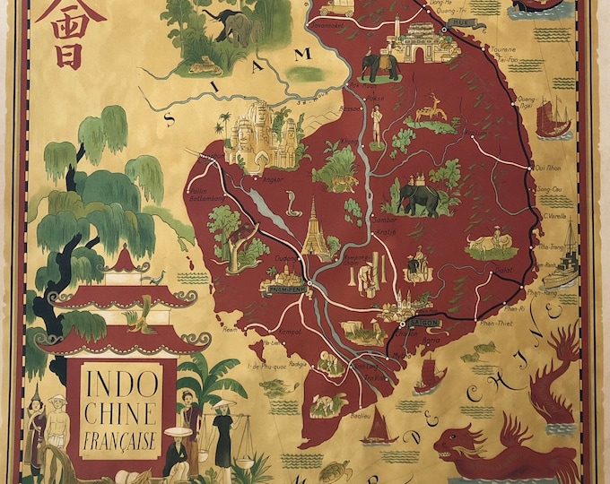 Map of Indochine Francaise by Lucien Boucher, Circa 1945, Gorgeous Map ...