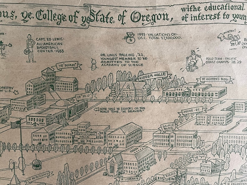 Original 1934 Pictorial Map of Oregon State University by Wayne Bagley ...