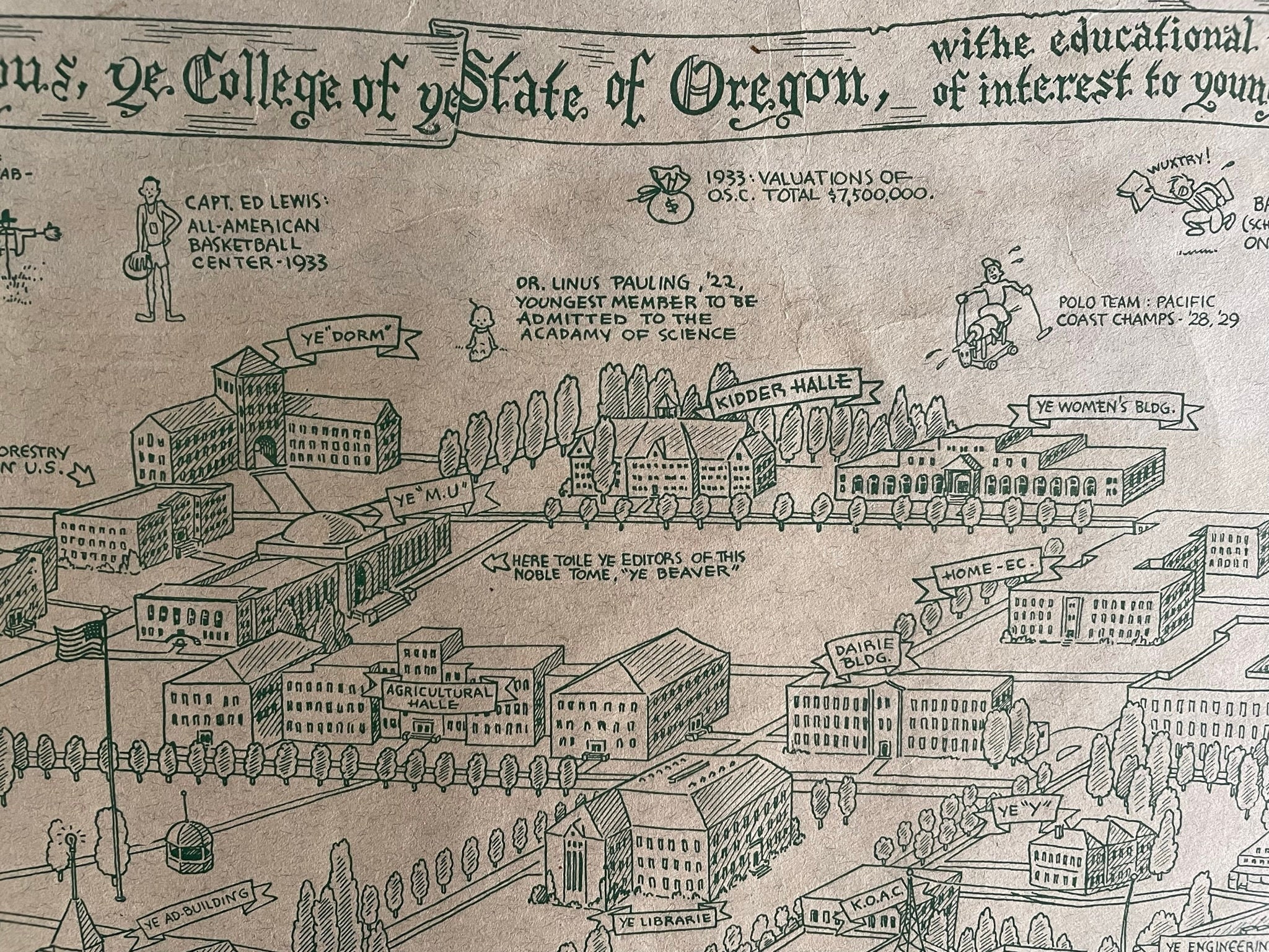 Original 1934 Pictorial Map of Oregon State University by Wayne Bagley ...