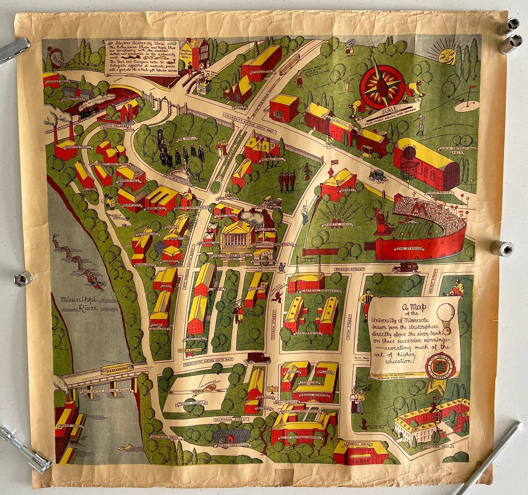 University of Minnesota, Original 1933 Pictorial Campus Map by Nadine ...