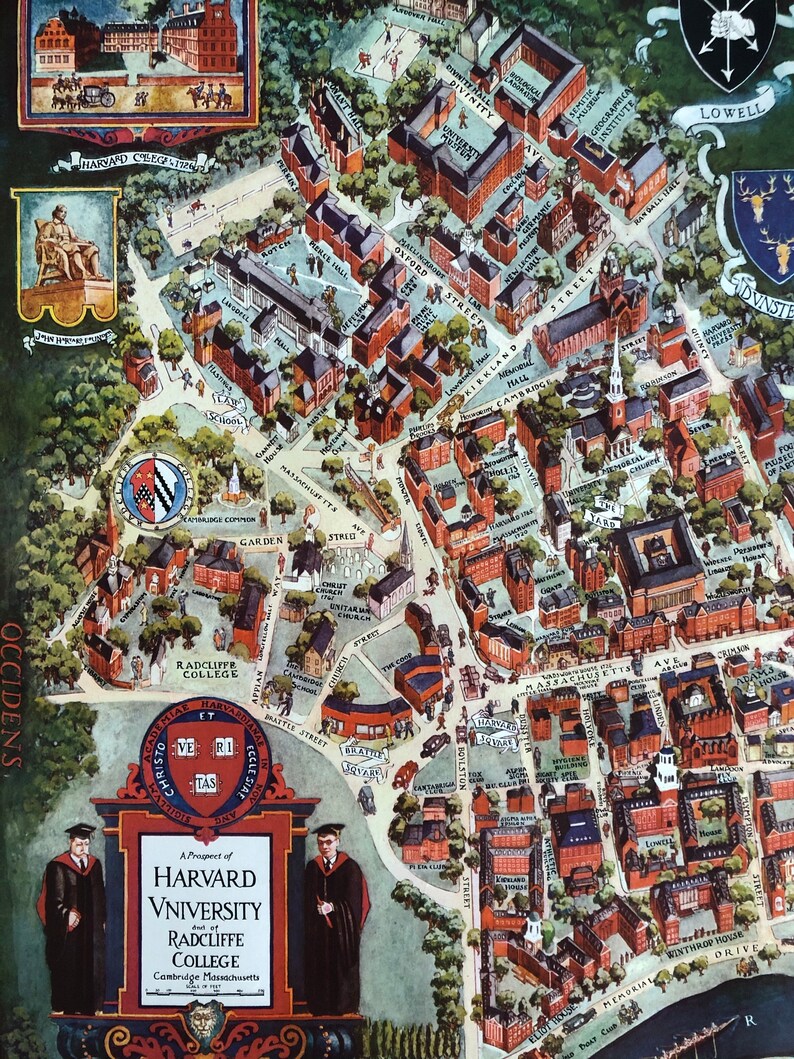 Original 1935 Pictorial Campus Map of Harvard University & - Etsy