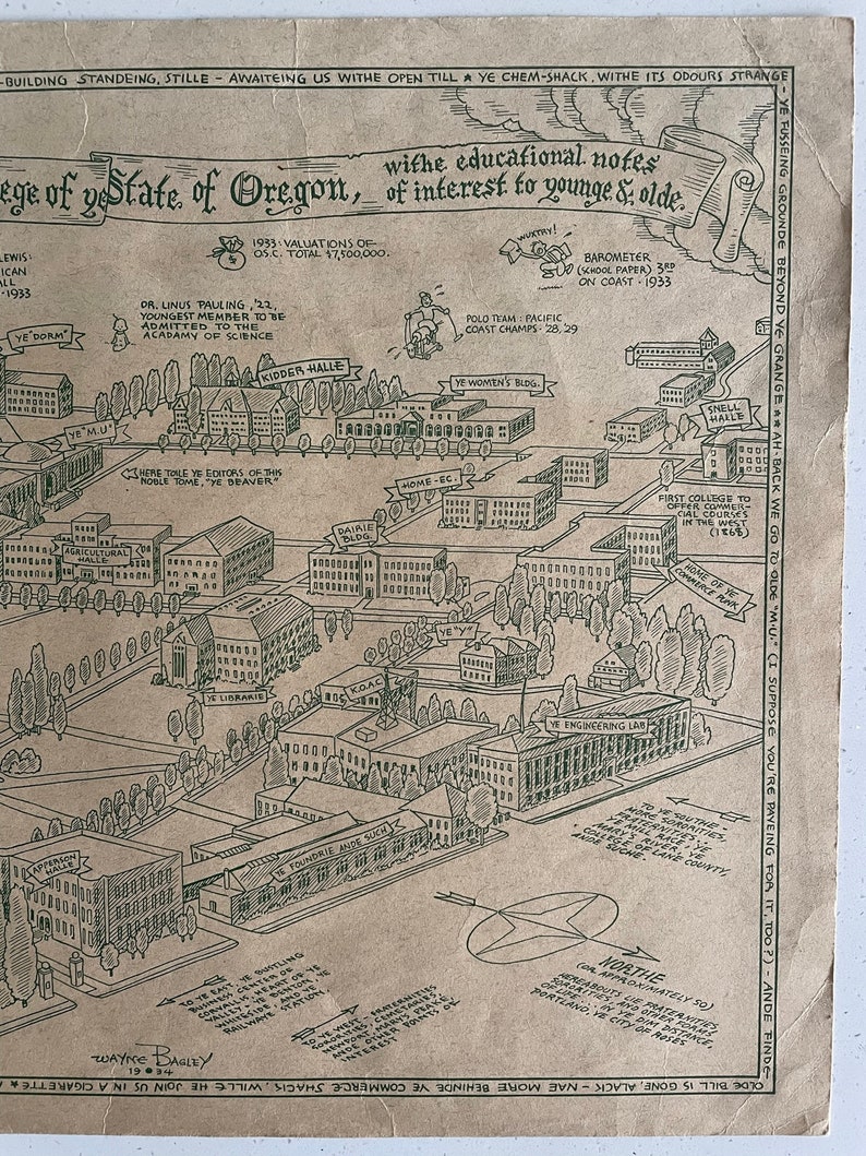 Original 1934 Pictorial Map of Oregon State University by Wayne Bagley ...