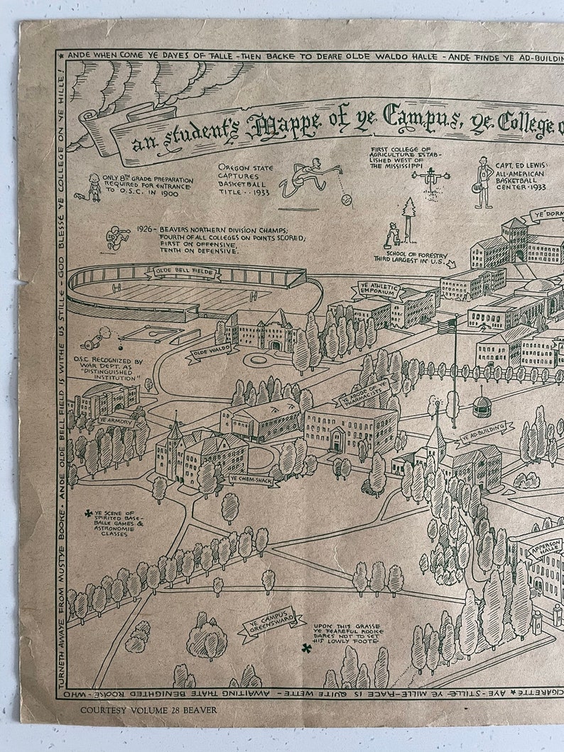 Original 1934 Pictorial Map of Oregon State University by Wayne Bagley ...