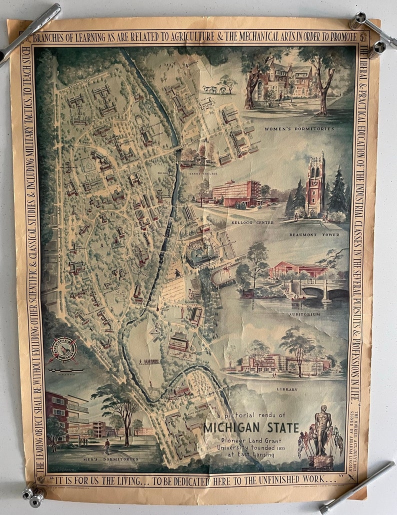 1955 Pictorial Map of Michigan State University, Carl Johnson, Original ...