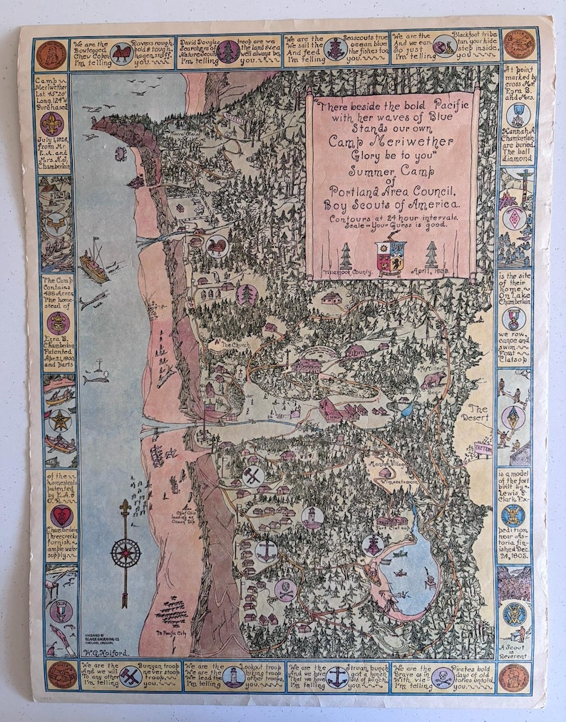 Vintage Pictorial Map of Camp Meriwether, Portland, Oregon ~ BSA Boy ...