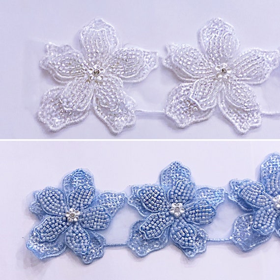 Beaded Flower Trim 2.75w White or Light Blue Single Flower | Etsy