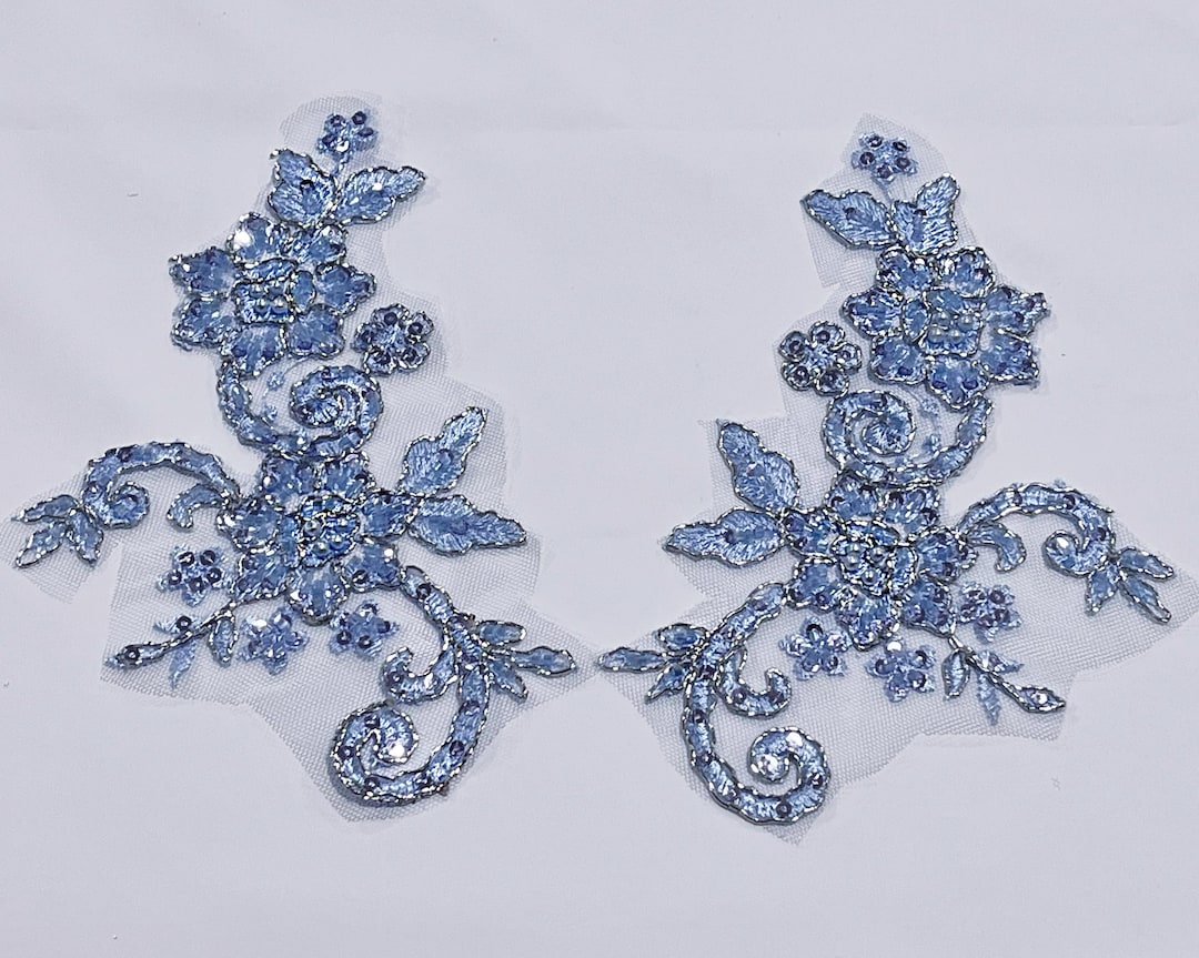 Baby Blue Beaded Lace Applique Pair: Silver Corded Floral Embellishment ...