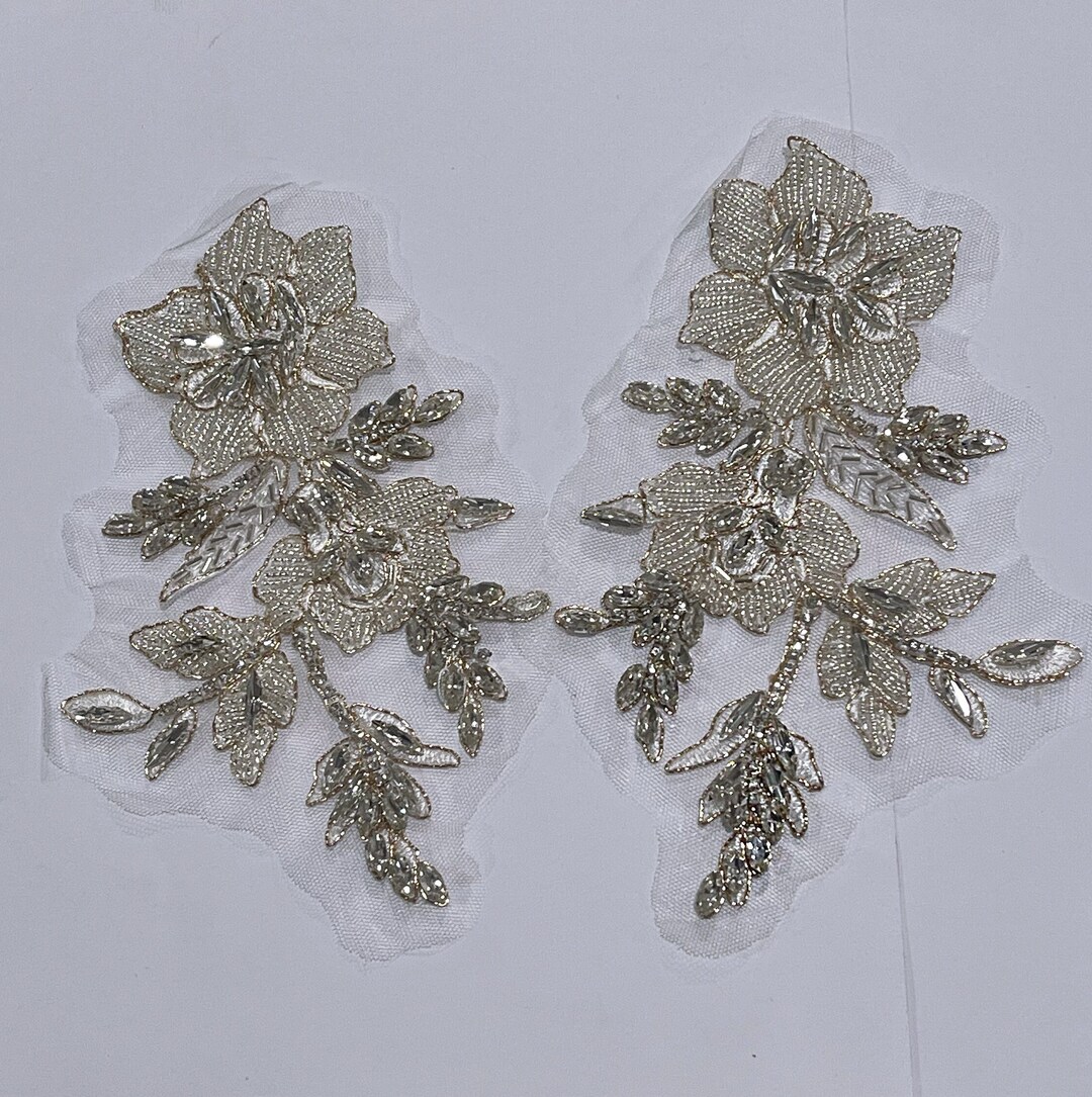 Rhinestone Flower Appliqués: Silver Seed Beads, Gold Cord Edges (pair ...