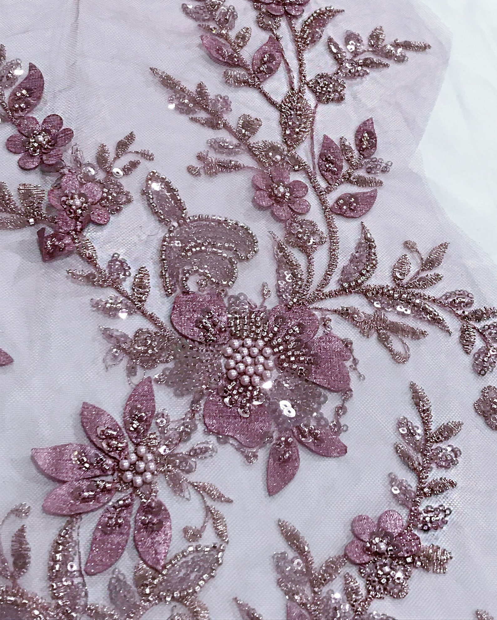 Dusty Rose Beaded Lace Applique: Silk 3D Flowers, Rose Gold Threads - Etsy
