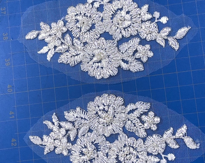 White Beaded Lace Applique Pair: Floral Dance Costume Embellishment (6 ...
