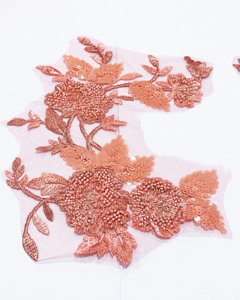 Salmon Floral Beaded Lace Appliqué Pair: Embroidered Vine Design - Etsy