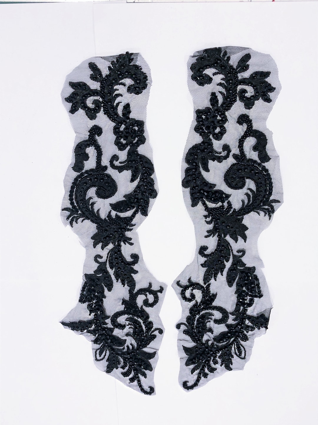 Black Beaded Lace Appliques: 17" Scroll Design, Costume Embellishments ...