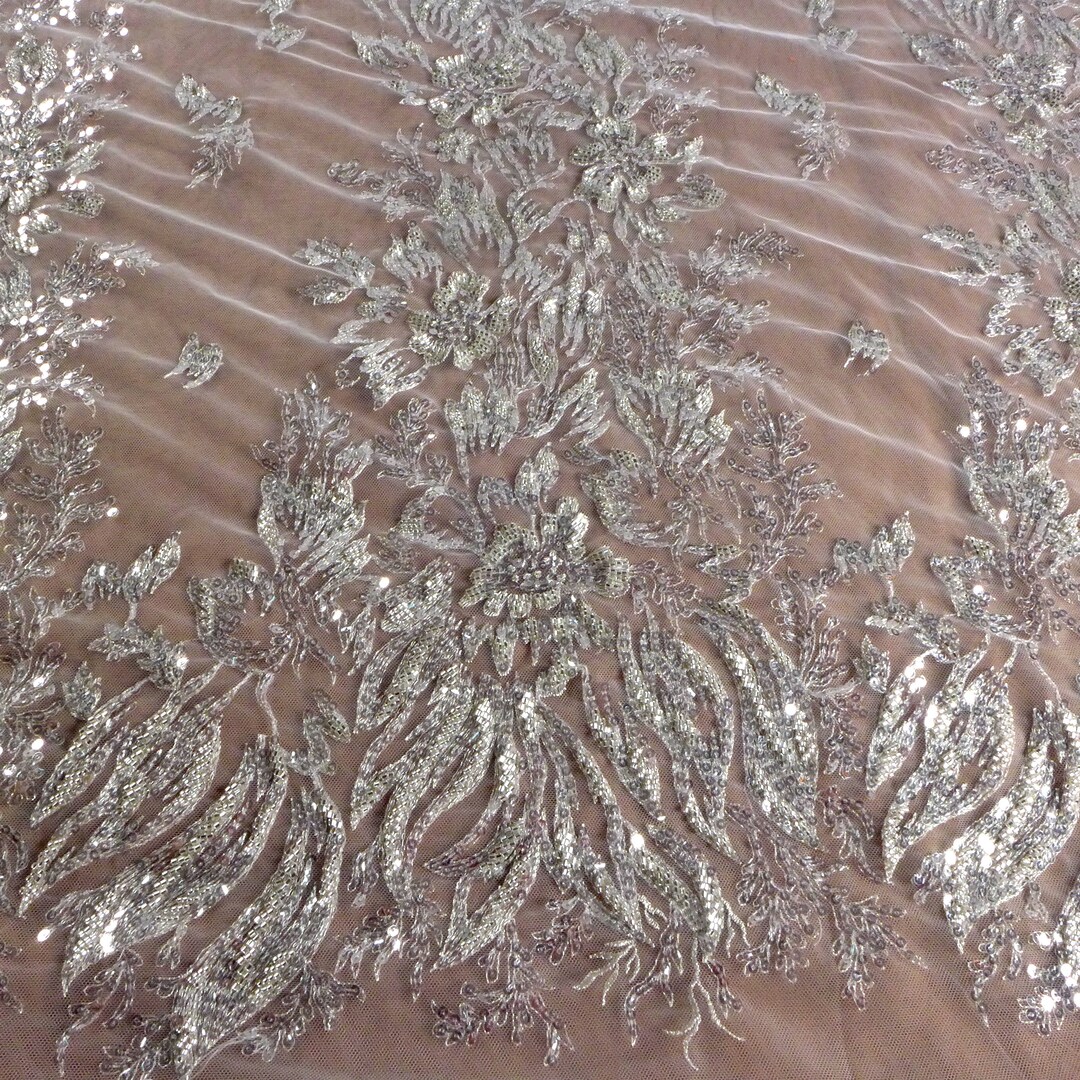 Silver Beaded Lace Fabric,long Patterns Lacew, Shiny Sequins Beads on ...