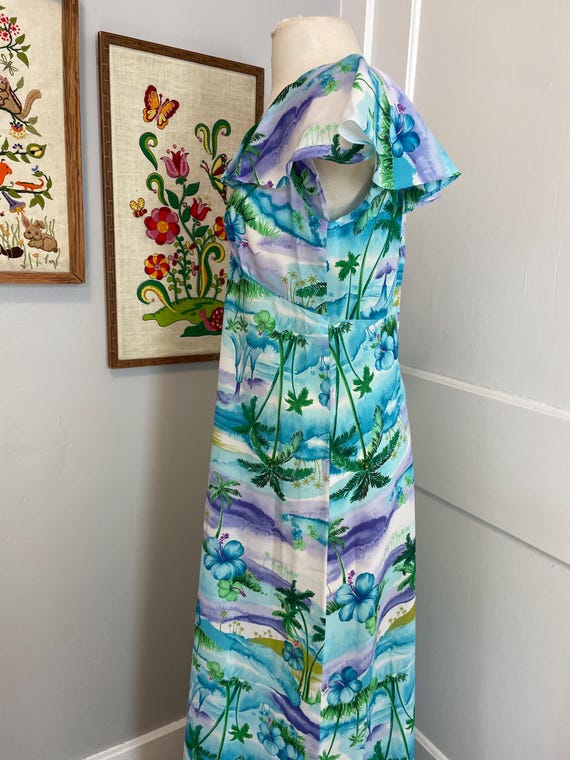 1970s Ruffle Shoulder Hawaiian Maxi Dress / 1970s Kel… - Gem