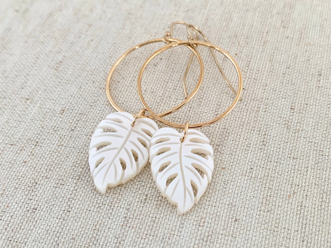 Mother of Pearl Earrings, Monstera Leaf Earrings, Birthday Gift for ...