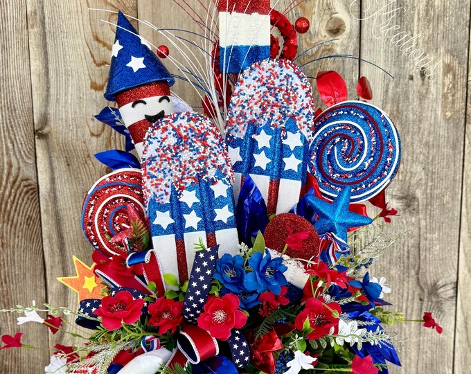 Patriotic Firecracker Floral Arrangement | 4th of July Centerpiece ...