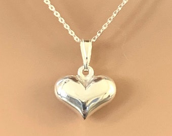 Large Silver Floral Puffed Heart Necklace, Long Heart Pendant Necklace ...