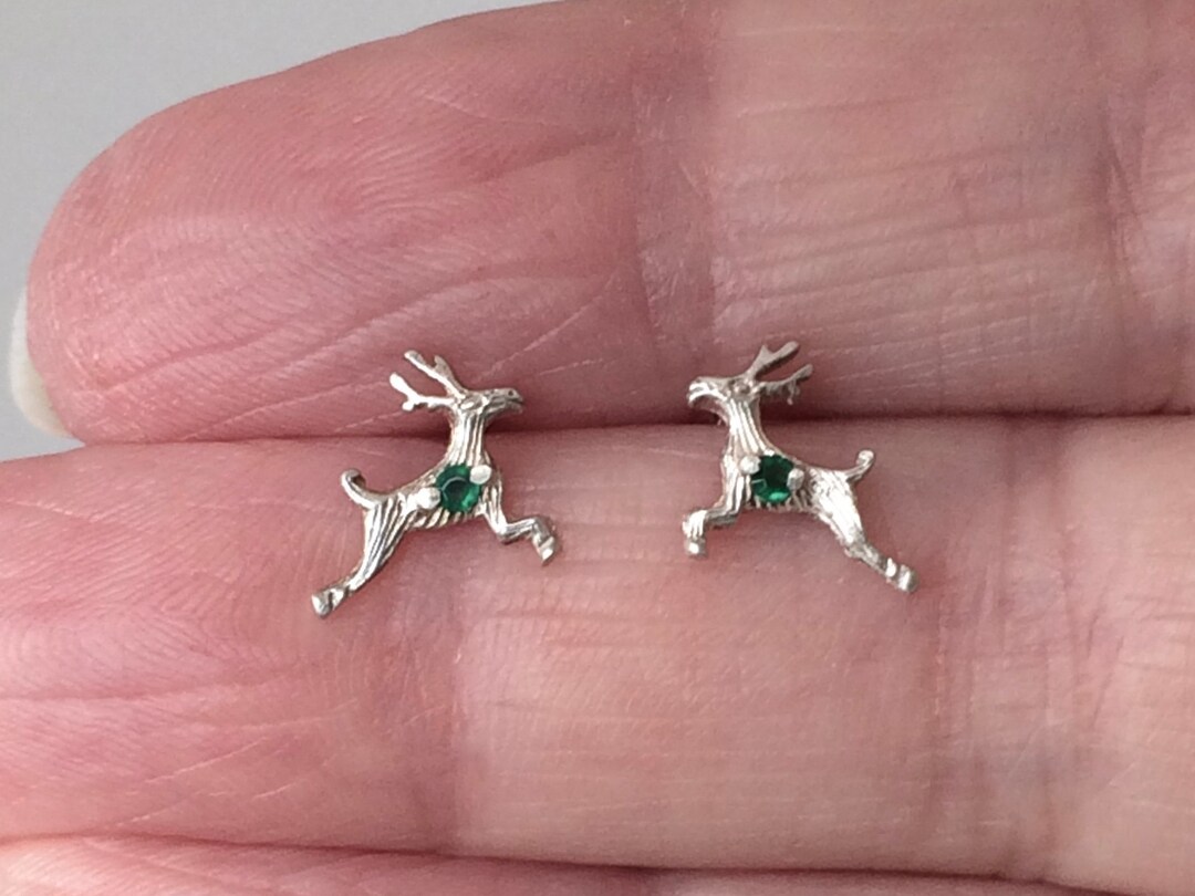 Sterling Silver Stag Deer Real Emerald Stud Earrings. - Etsy