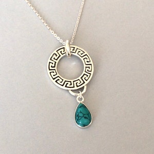 Sterling Silver Greek Key & Turquoise Pendant Necklace. - Etsy