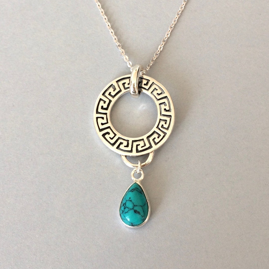 Sterling Silver Greek Key & Turquoise Pendant Necklace. - Etsy