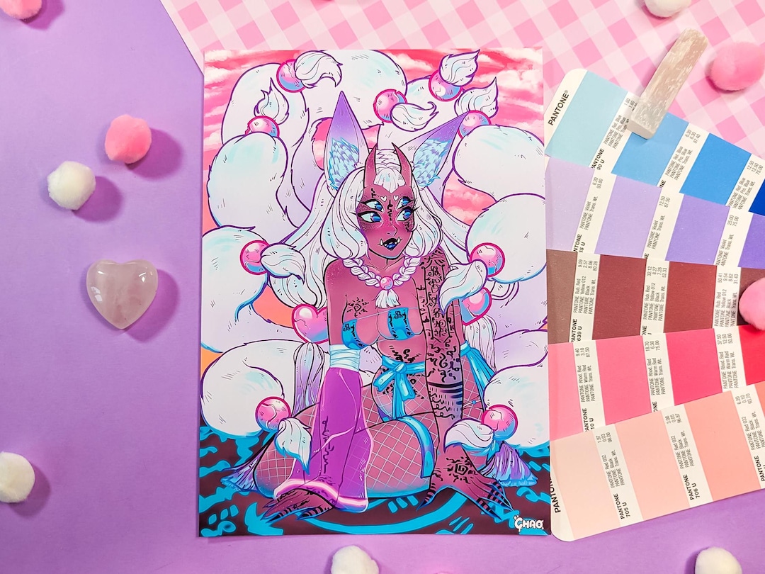 Kitsune Shrine Maiden Monster Girl 9 Tail Fox Art Print - Etsy