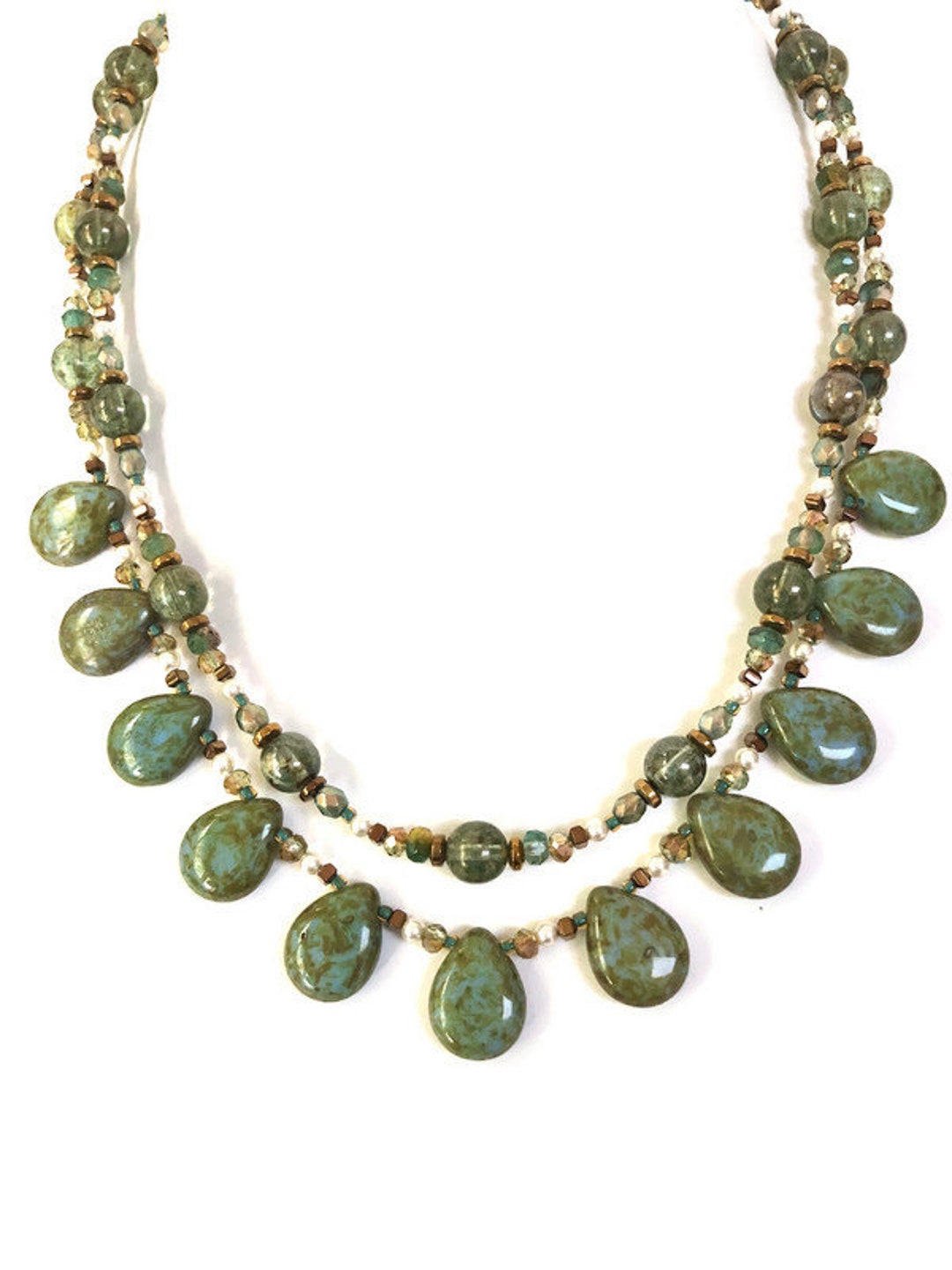 Layered Olive Green Teardrop Necklace, Double Strand Beaded Statement ...