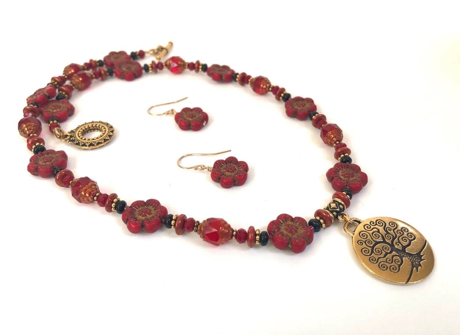 Red Flower Necklace & Earrings Tree Pendant Necklace Gift for - Etsy