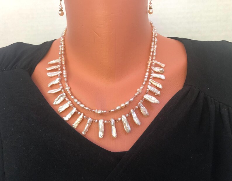 Biwa Stick Pearl Necklace & Earrings Set, Double Strand Freshwater ...