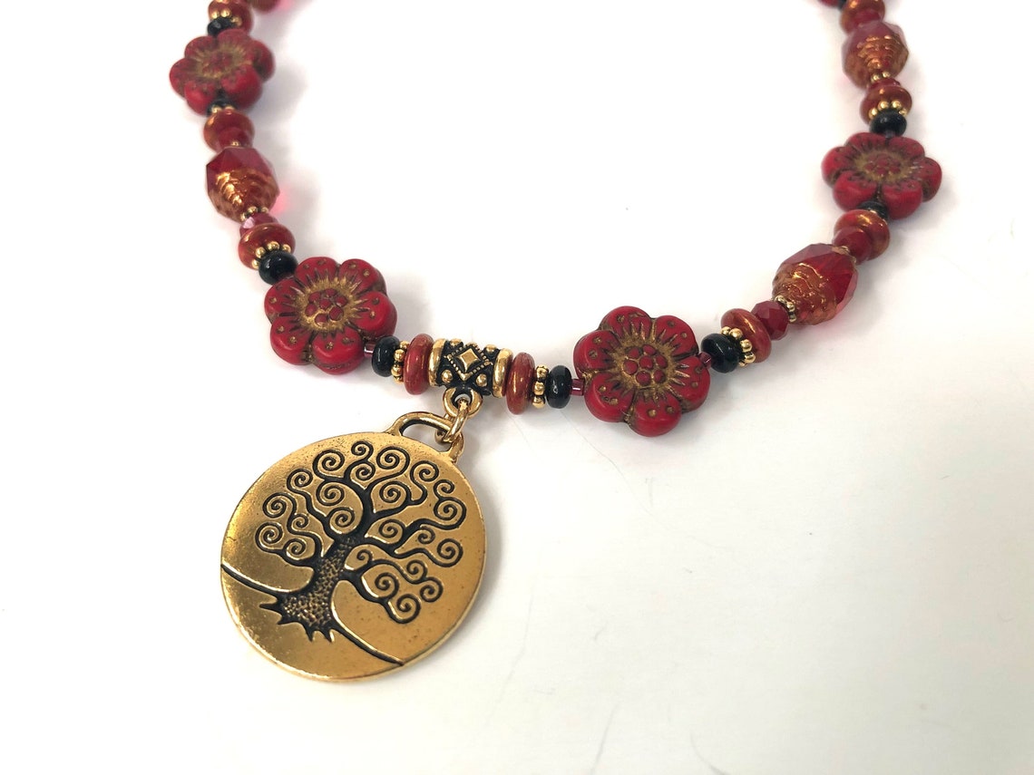 Red Flower Necklace & Earrings Tree Pendant Necklace Gift for - Etsy