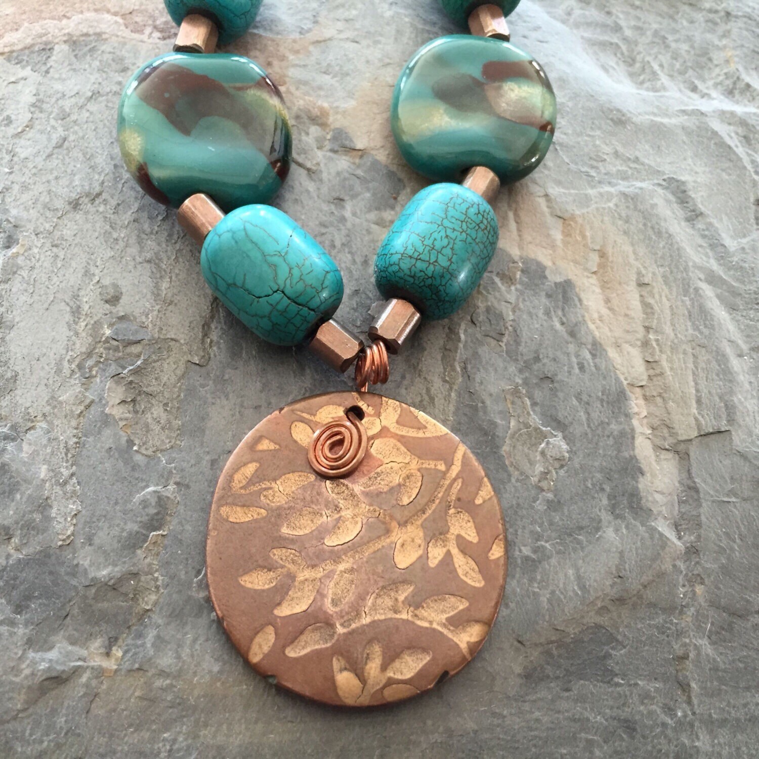 Copper and Bronze Metal Clay Pendant With Kazuri Beads - Etsy