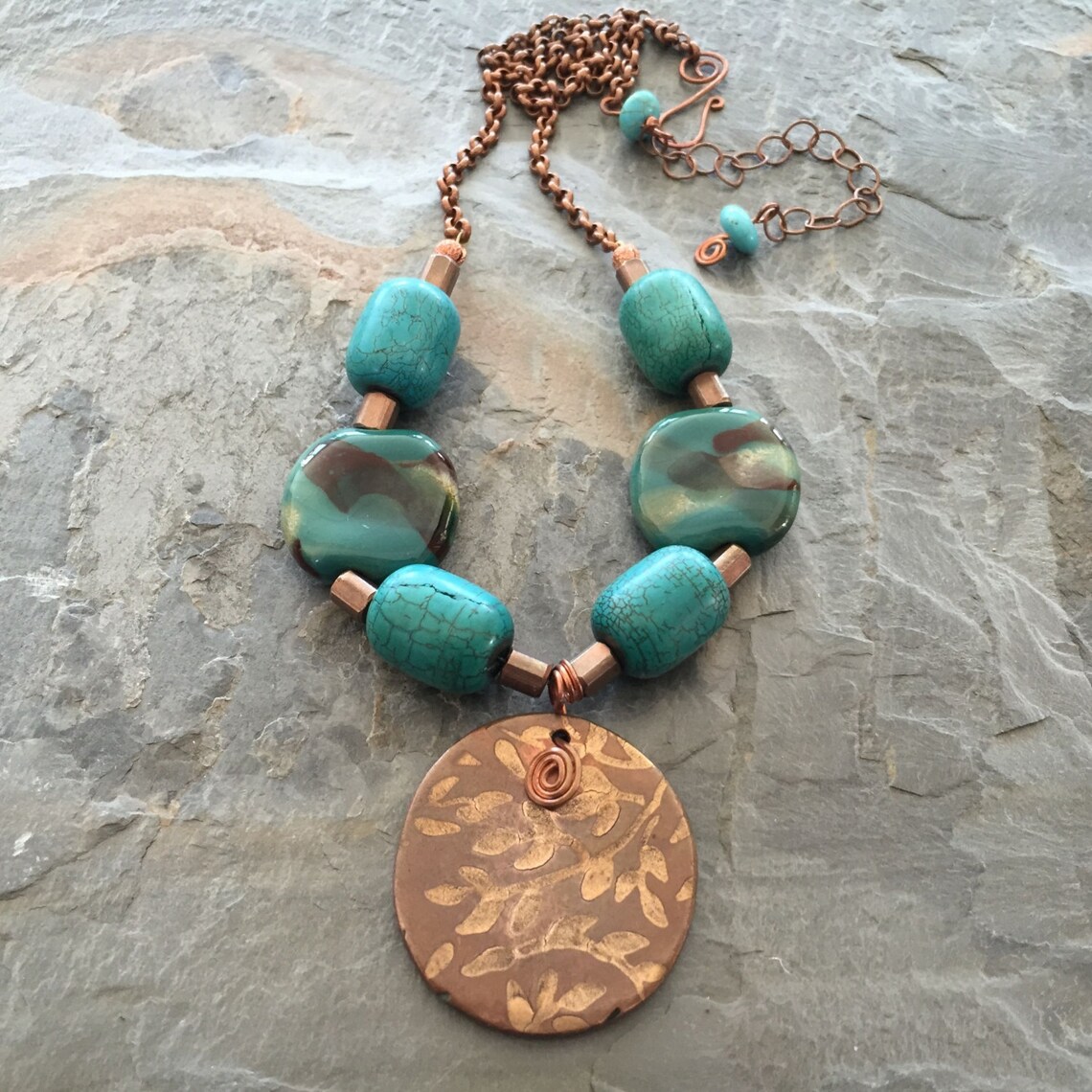 Copper and Bronze Metal Clay Pendant With Kazuri Beads - Etsy