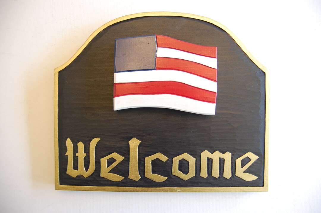 Hand-carved USA Flag Welcome Sign - Etsy