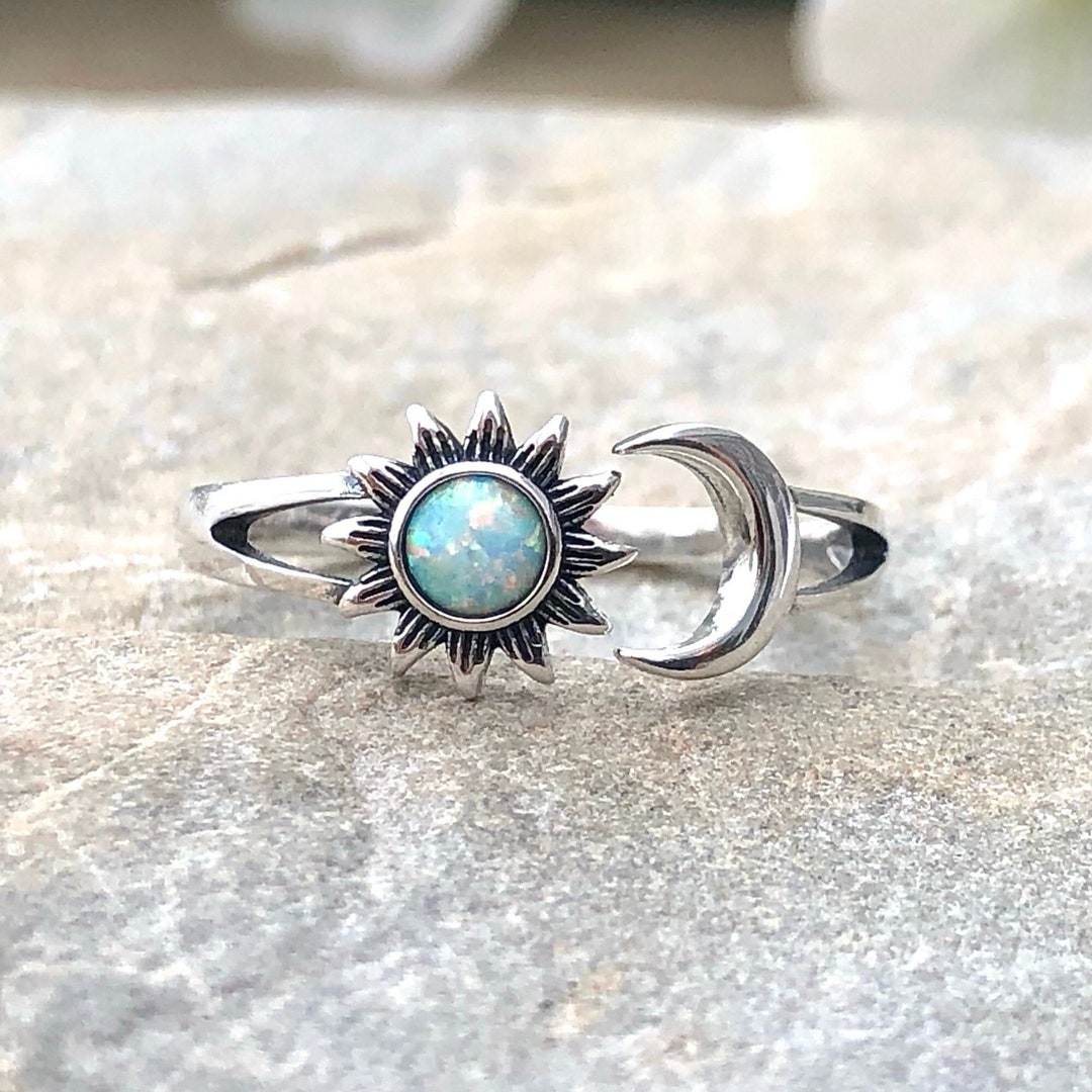 Sterling Silver Sun and Moon White Opal Ring White Lab Opal Ring Sun ...