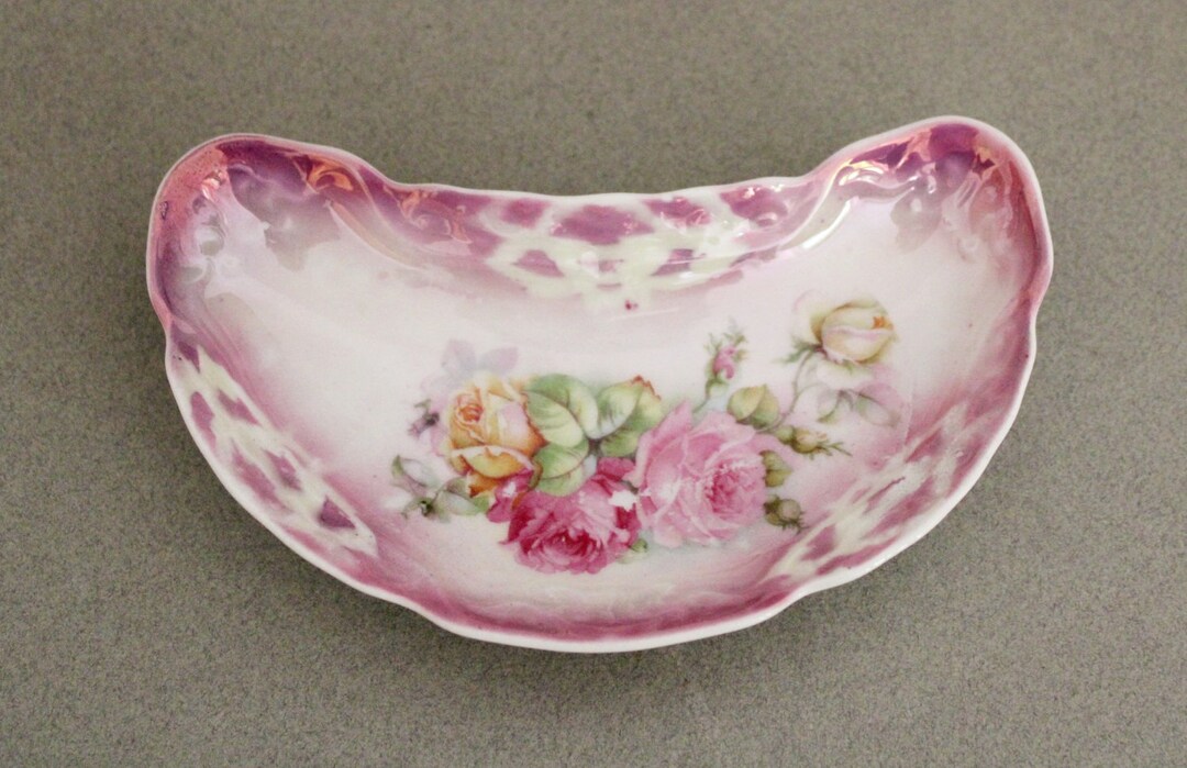 German Crescent Shaped Porcelain Bone Dish Plate - Floral Rose Dish ...