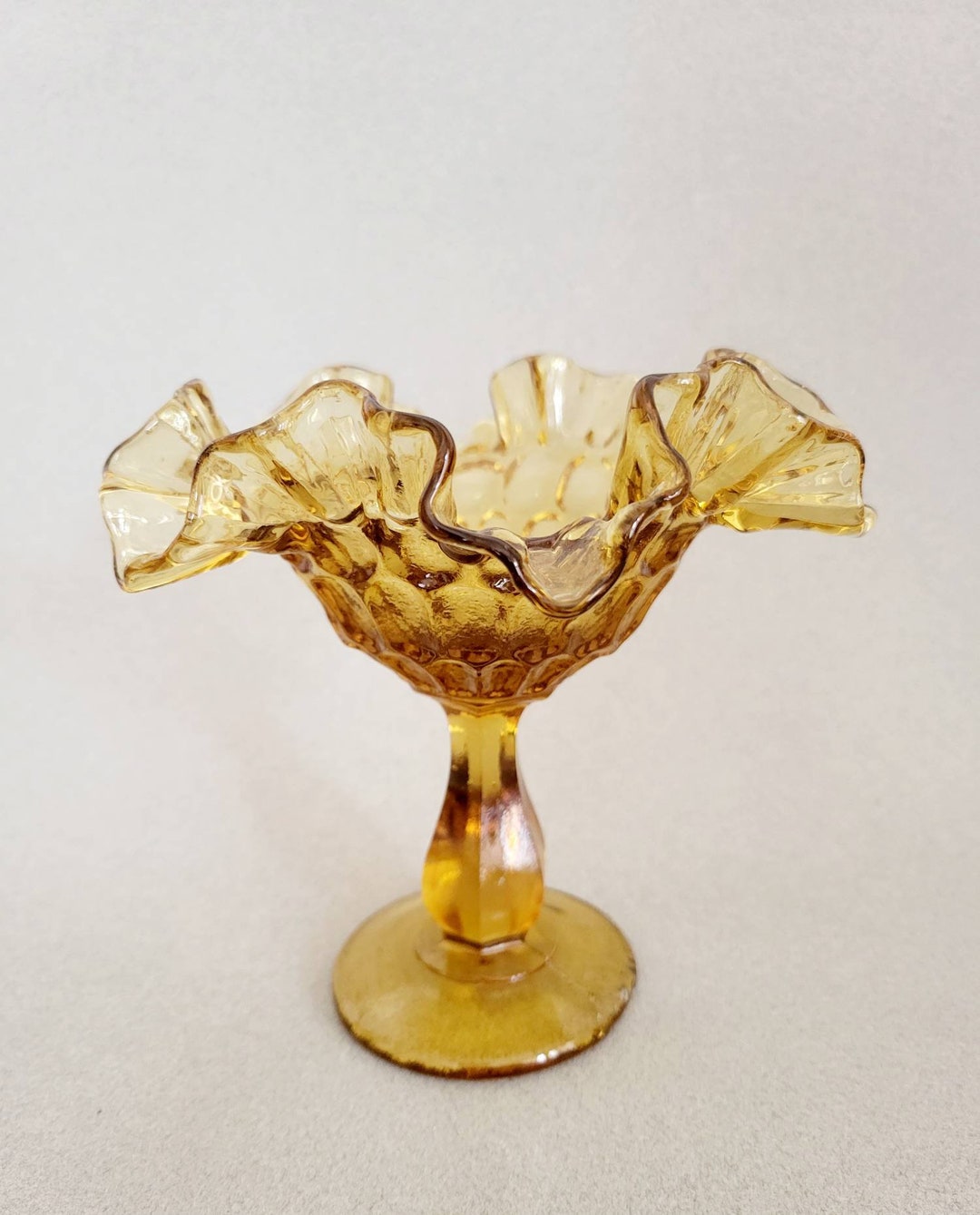 Vintage Fenton Amber Ruffled Edge Glass Candy Dish - Thumbprint Glass ...