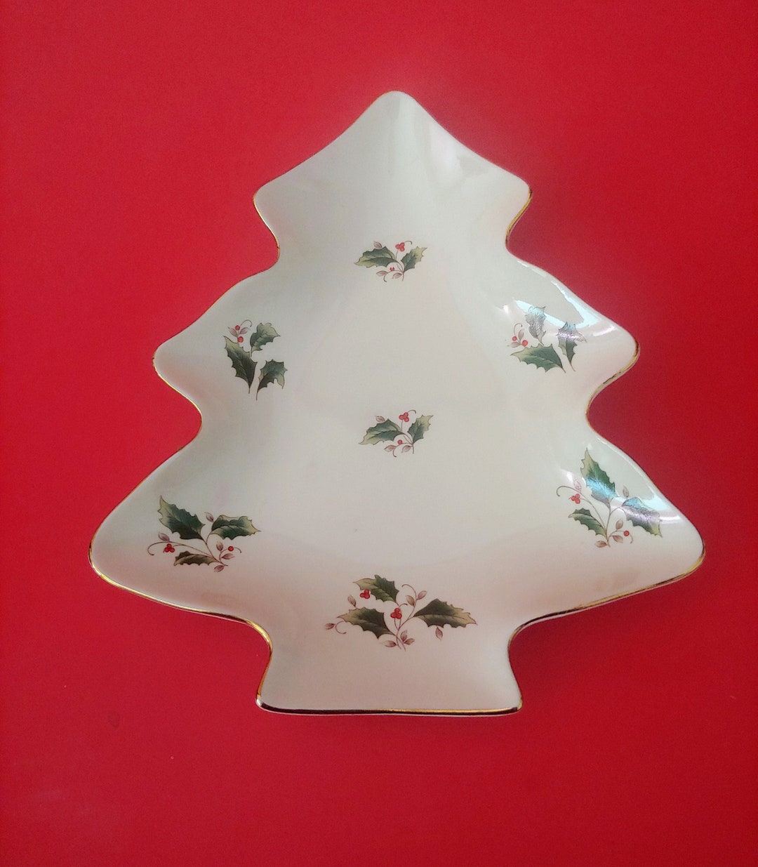 Vintage Christmas Tree Shaped Candy Dish - Holly Holiday Porcelain Nut ...